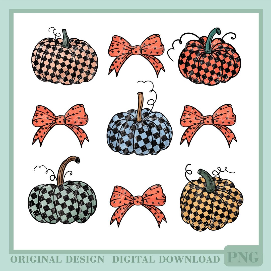 Checkered Pumpkin PNG Coquette Bow Design, Sublimation Design, Retro ...