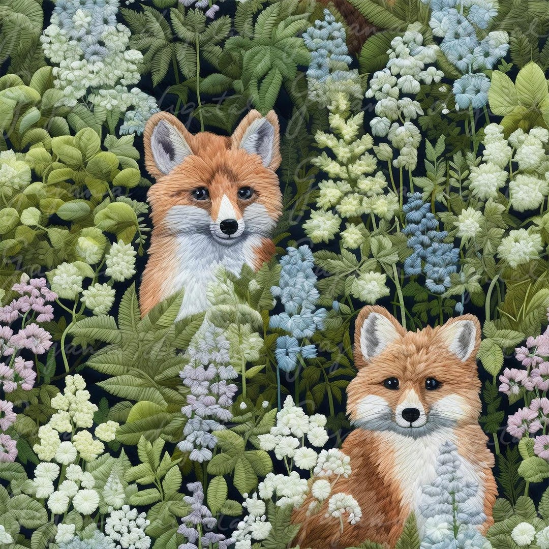 Woodland Fox Embroidery Seamless Pattern - Digital Download, Repeating ...