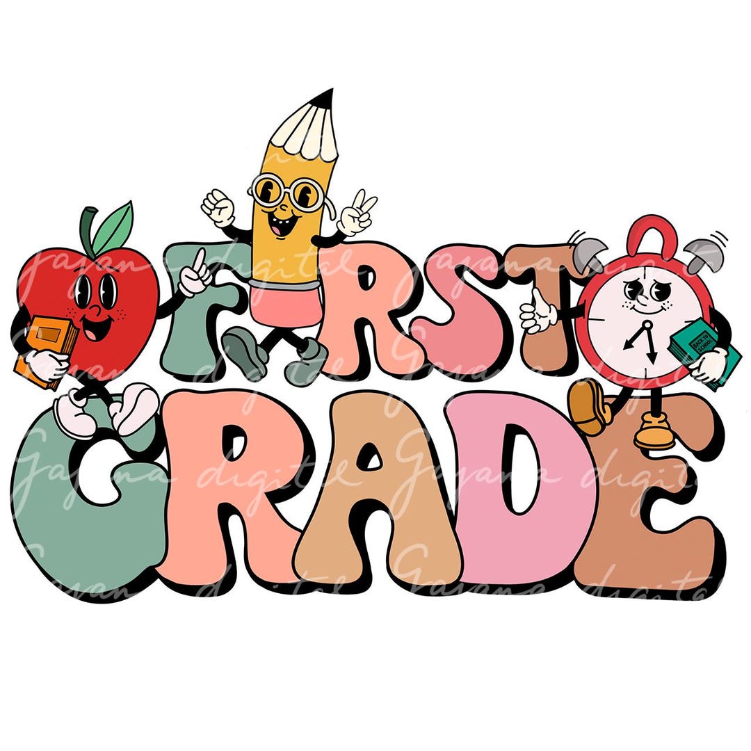 First Grade PNG - Retro Characters PNG, Sublimation Design, School Fun ...