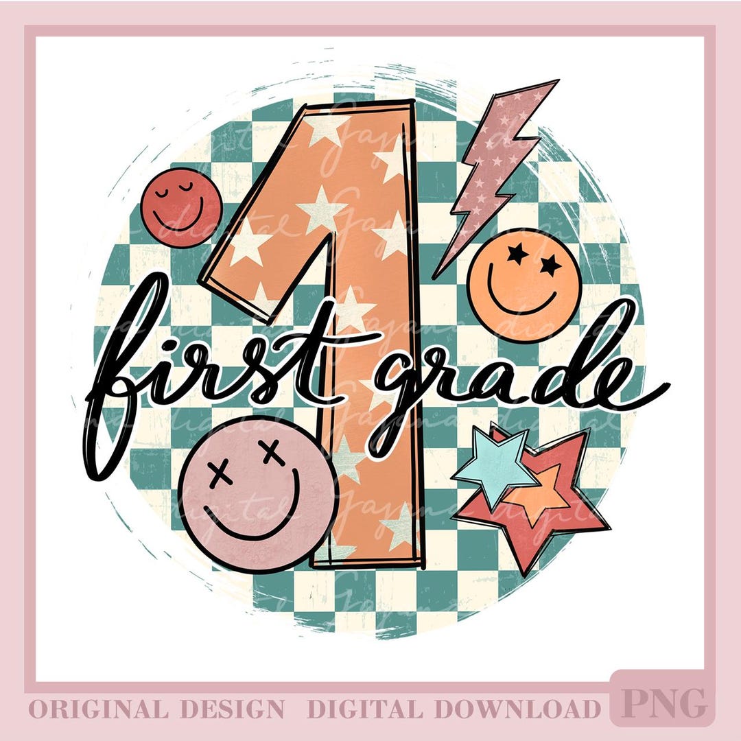 First Grade Design Back to School PNG, Retro Smiley Face, Sublimation ...