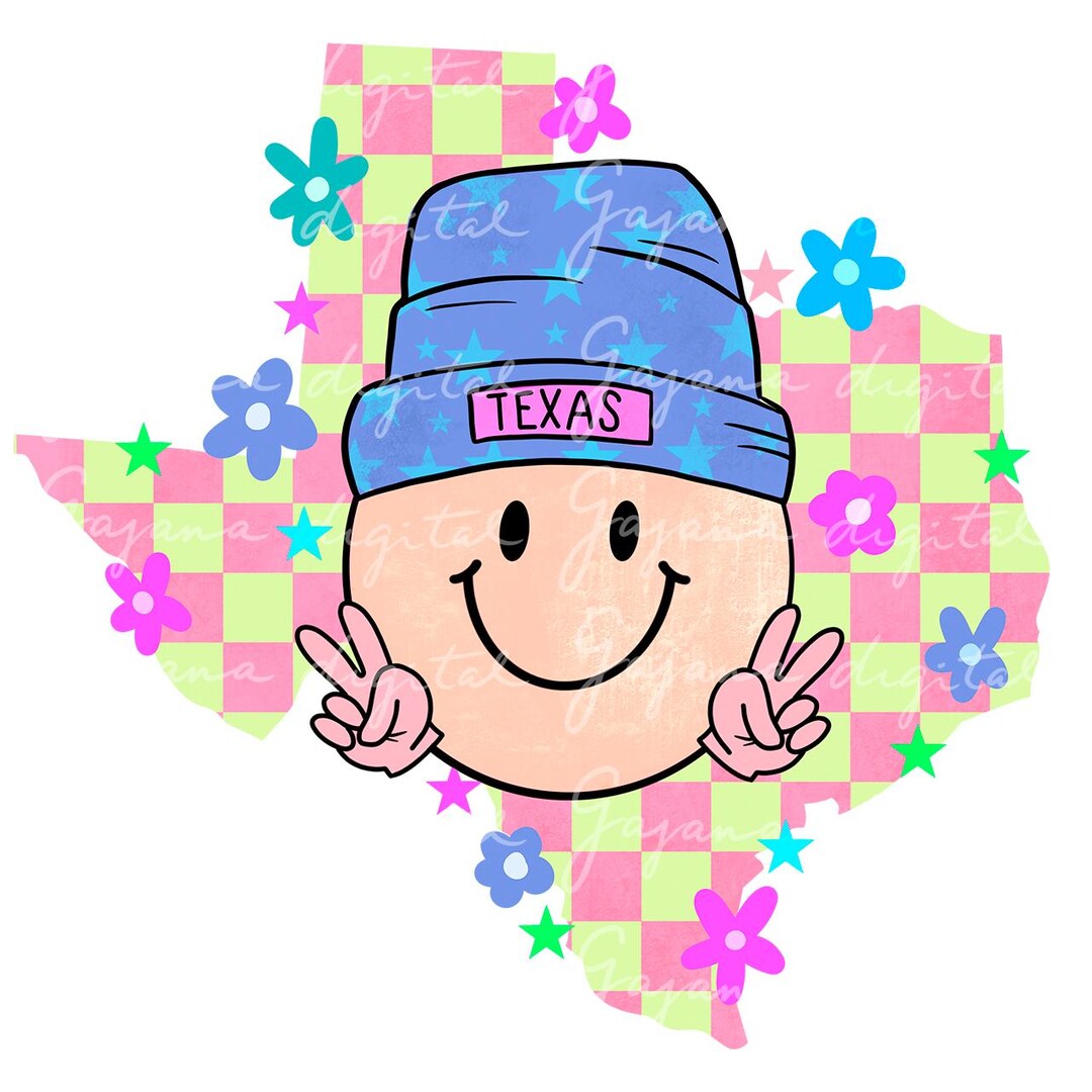 Groovy Texas State Map PNG: Retro Smiley Face Design (digital Download ...