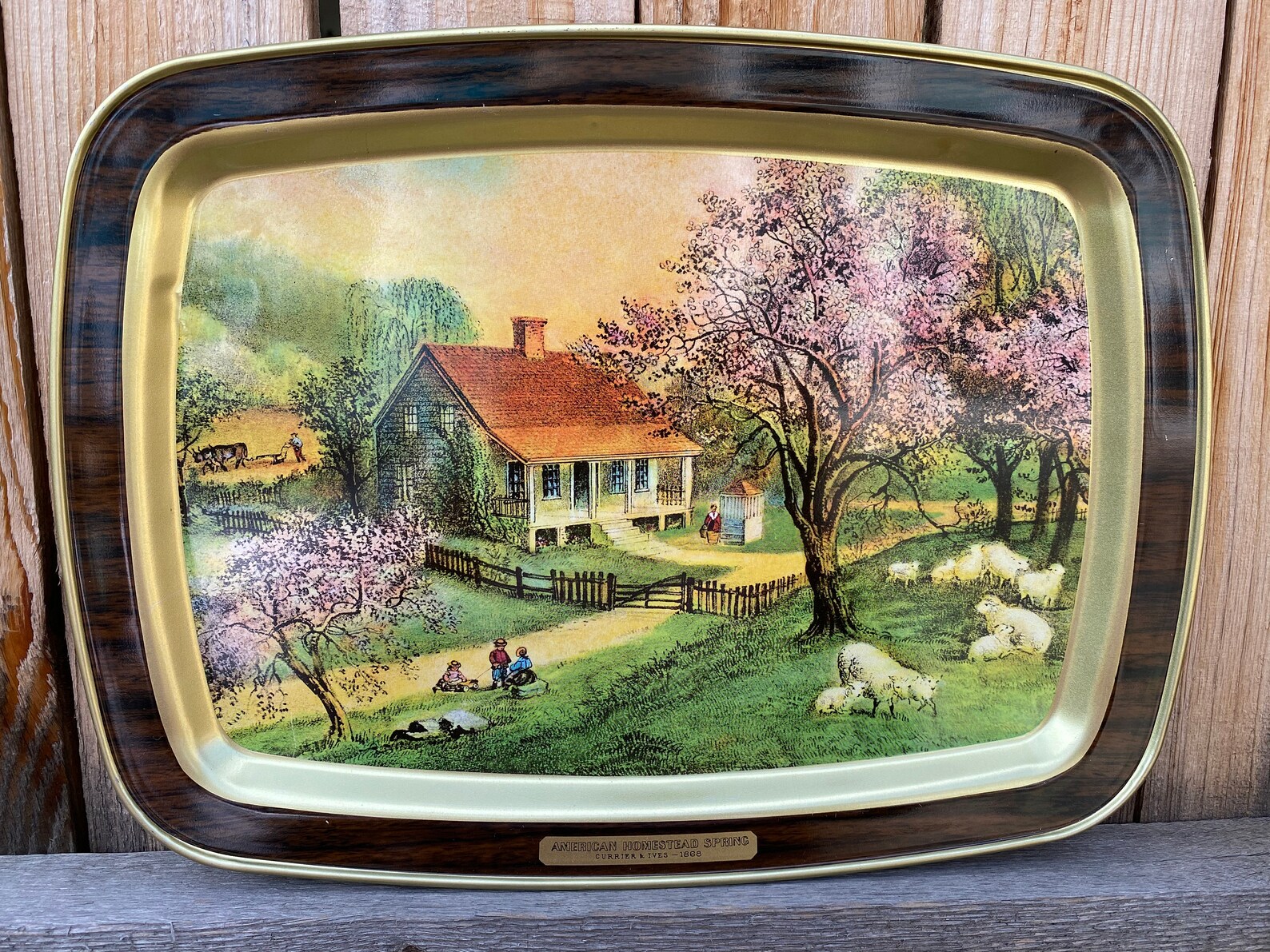 AMERICAN HOMESTEAD SPRING Currier & Ives 1868 / Metal Decorative Tray ...