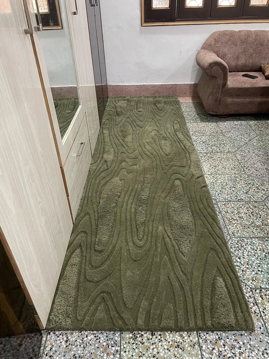 Carved Beige & Green Tufted Wool Area Rug Carpet for Bedroom Aesthetics ...