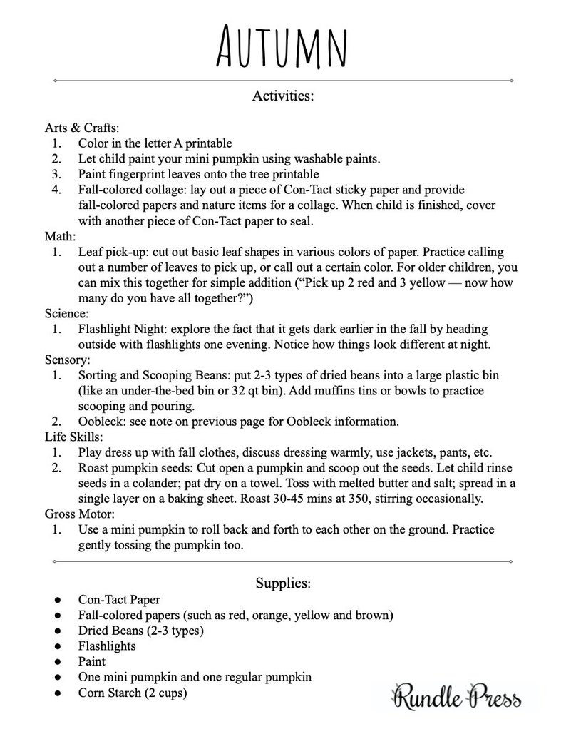 Autumn: A Month Long Activity Guide Digital File by Rundle - Etsy