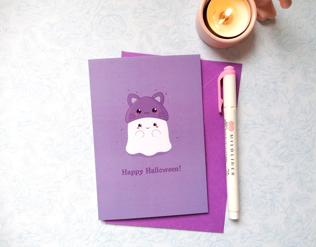 Halloween Card, Spooky Greeting Cards, Cat Ghost Card and Envelope ...