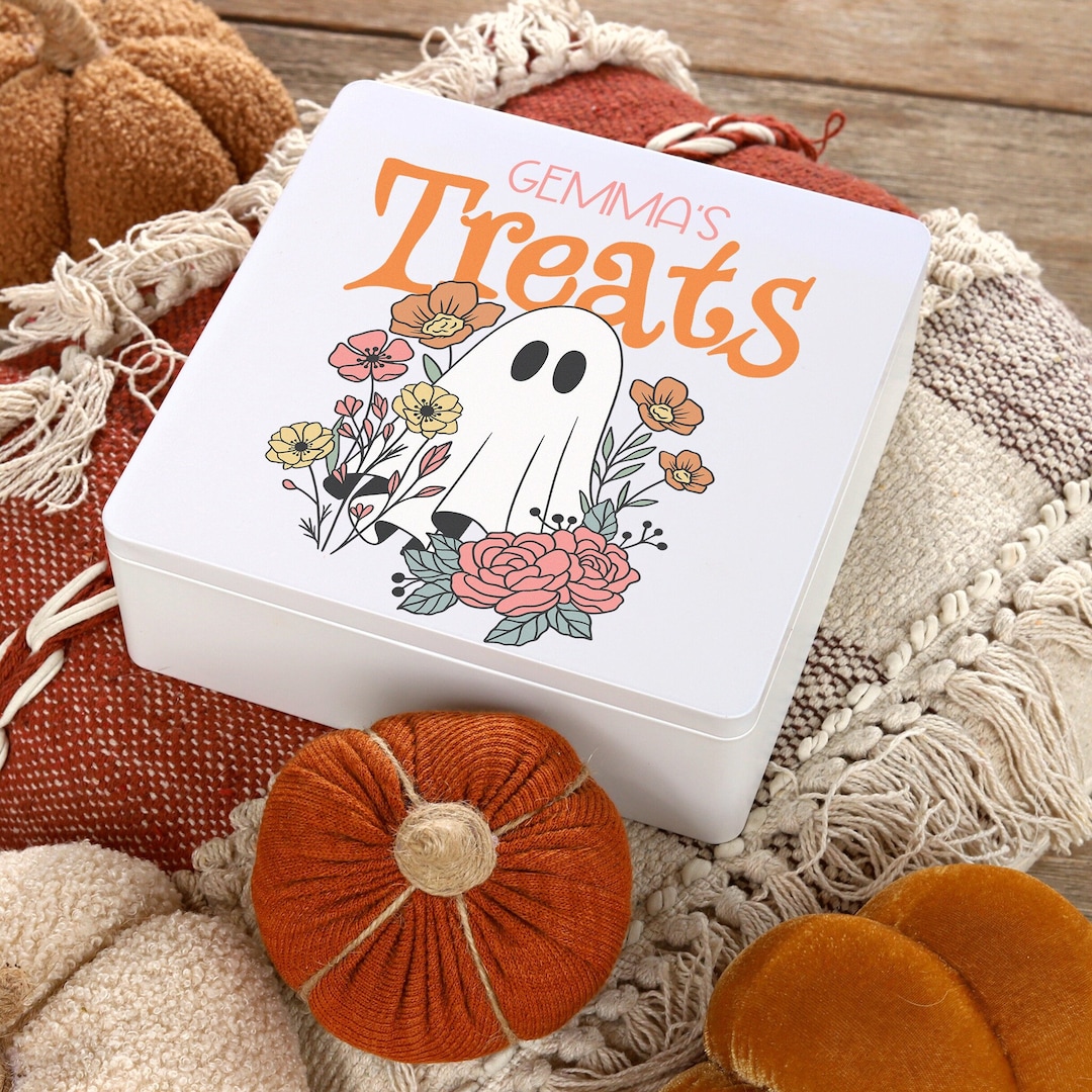 Halloween Cookie Tin Halloween Treat Box Friendly Ghost Print Holiday ...