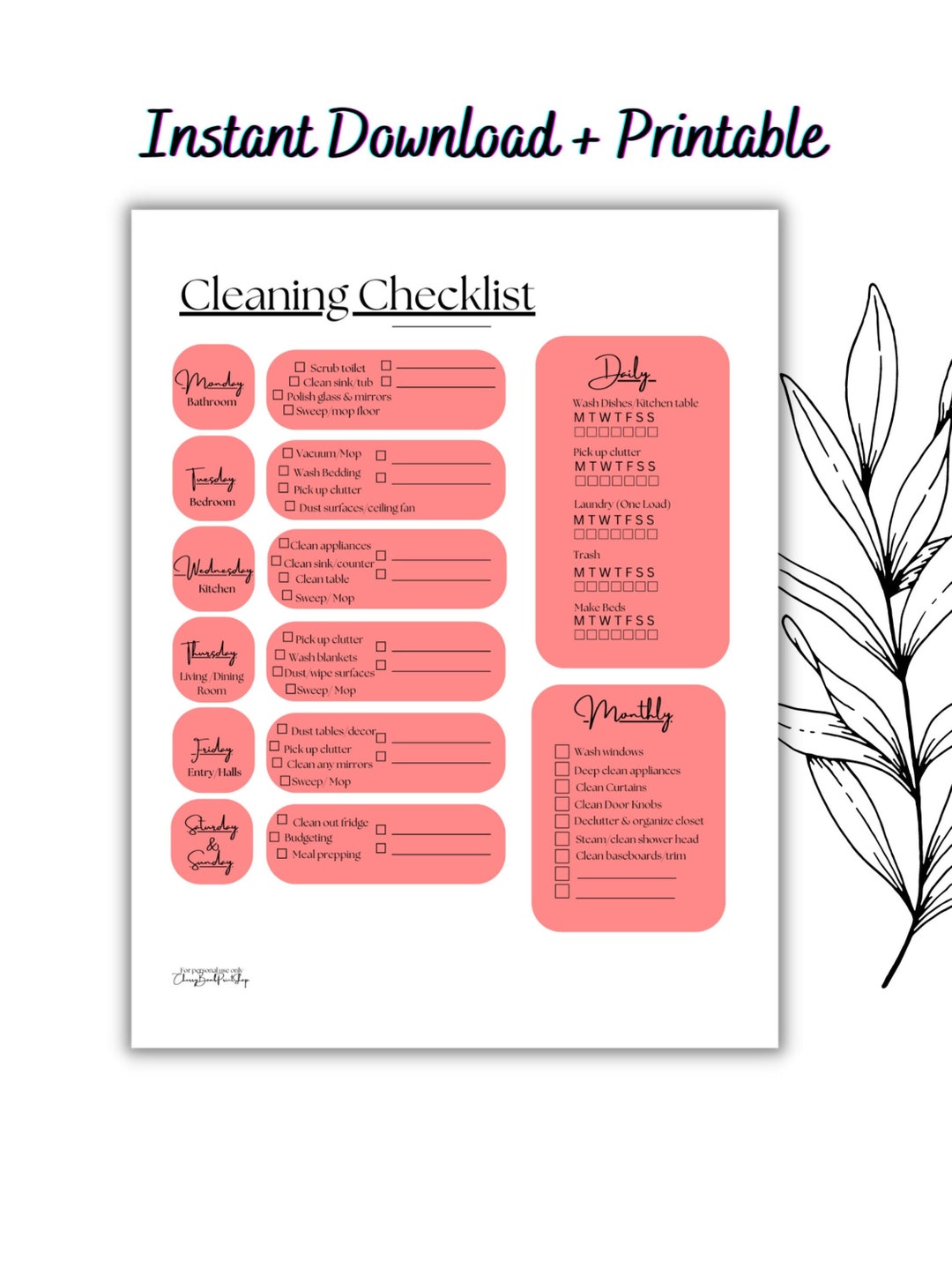 Weekly Daily Monthly Cleaning Schedule Instant Download Printable ...