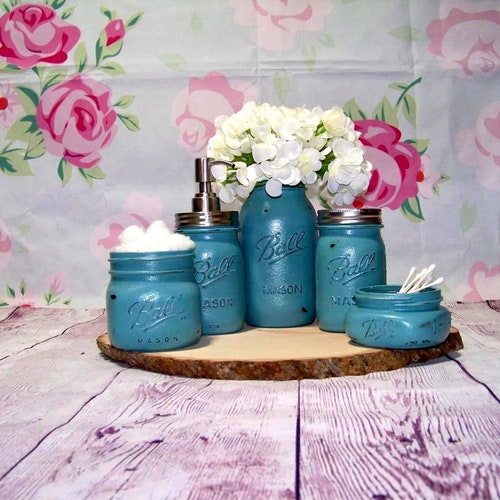 4 Piece Rustic Aqua Blue Mason Jar Bathroom Set/ With Glass | Etsy
