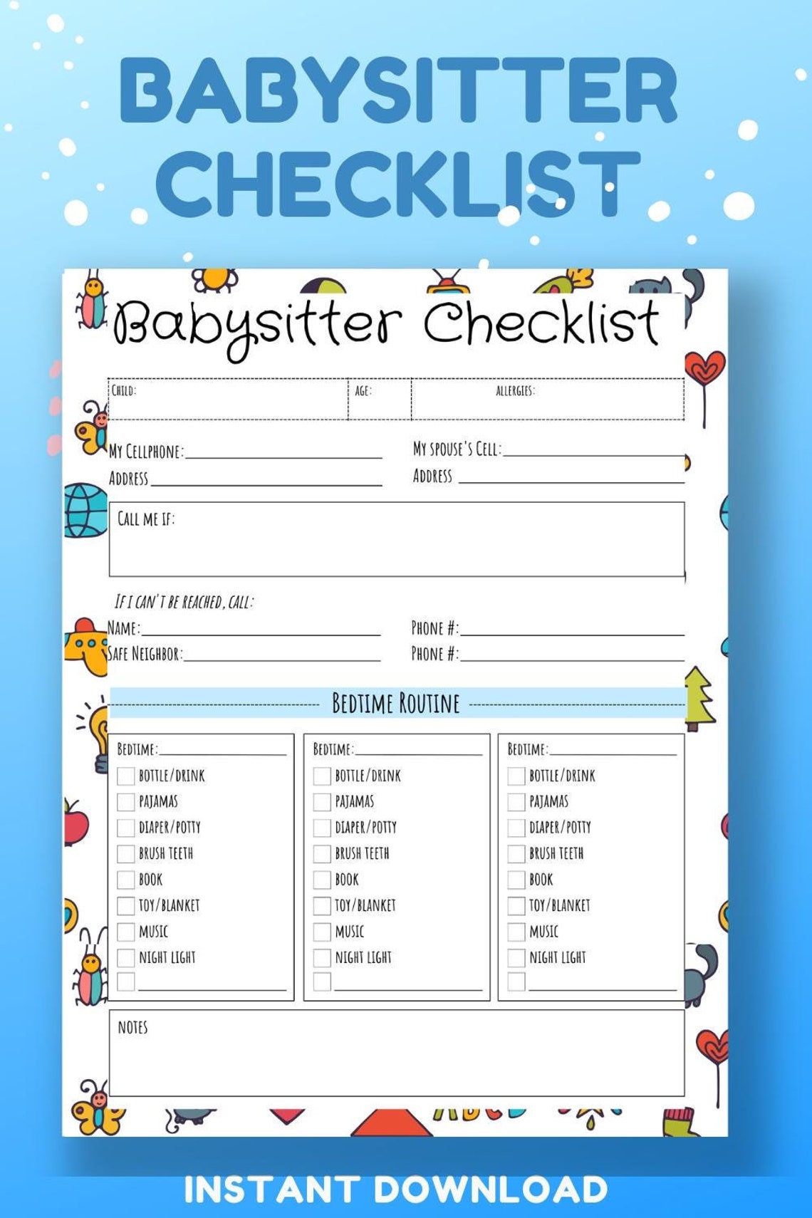 Babysitter Checklist Printable: Nanny Notes, Childcare Form (PDF) - Etsy