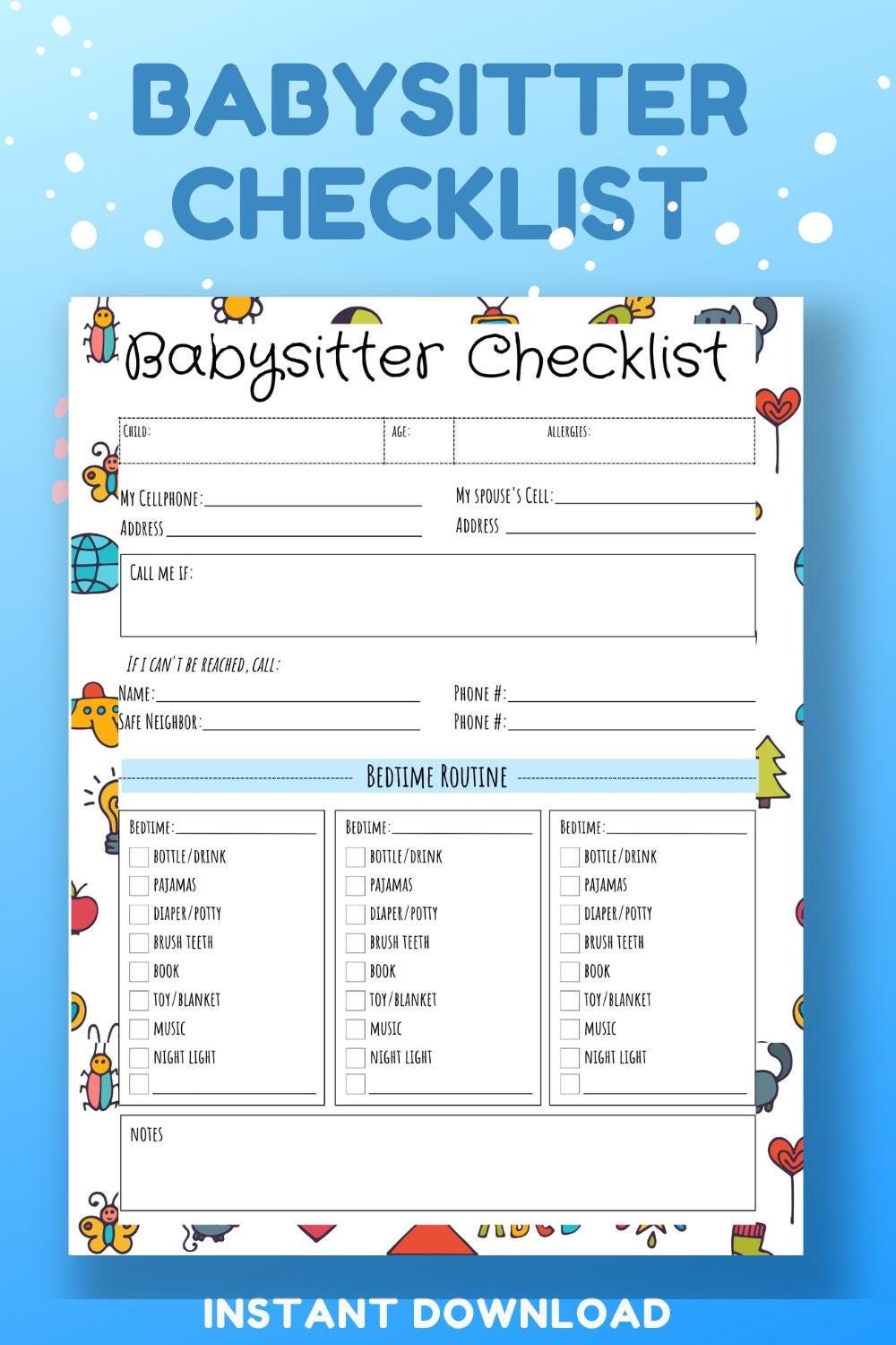 Babysitter Checklist Printable PDF Babysitting Checklist Notes for ...