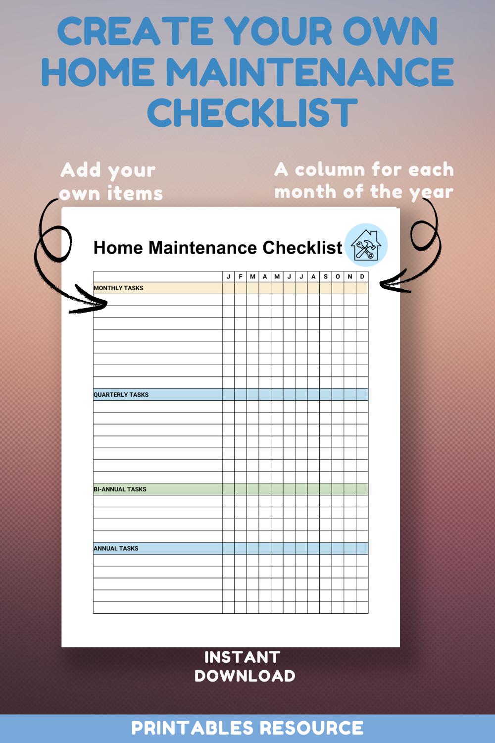 Home Maintenance Checklist Printable House Organizer Monthly Quarterly ...