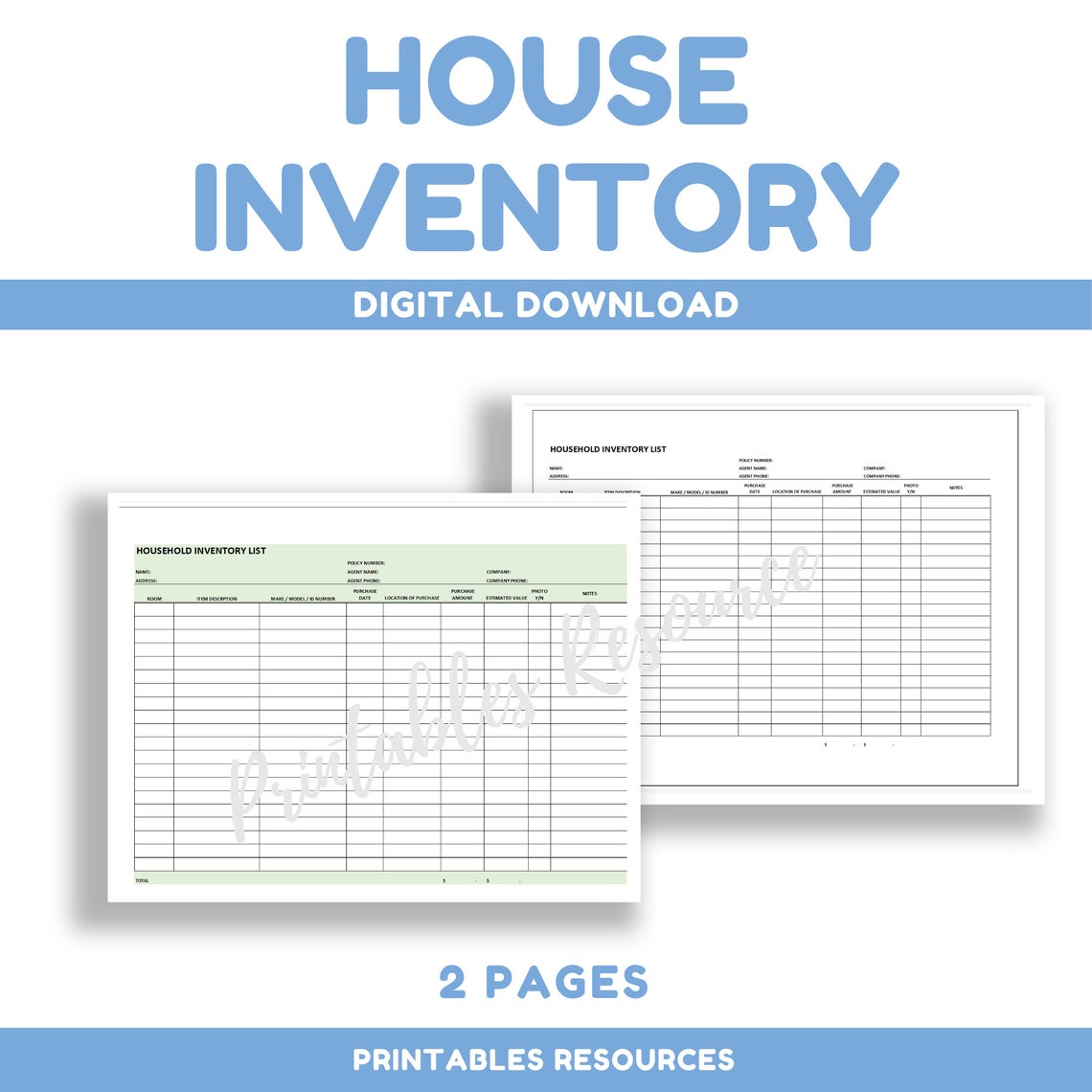Editable Inventory List Printable House Inventory List Spreadsheet ...