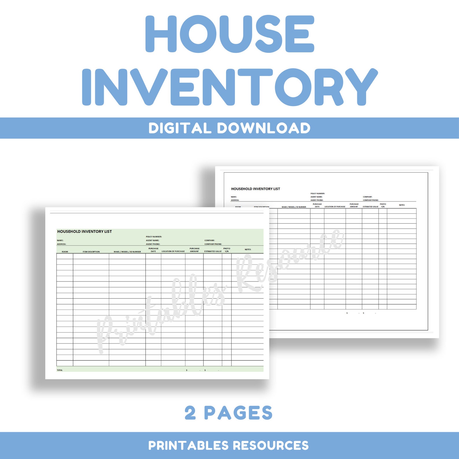 Editable Inventory List Printable House Inventory List Spreadsheet ...