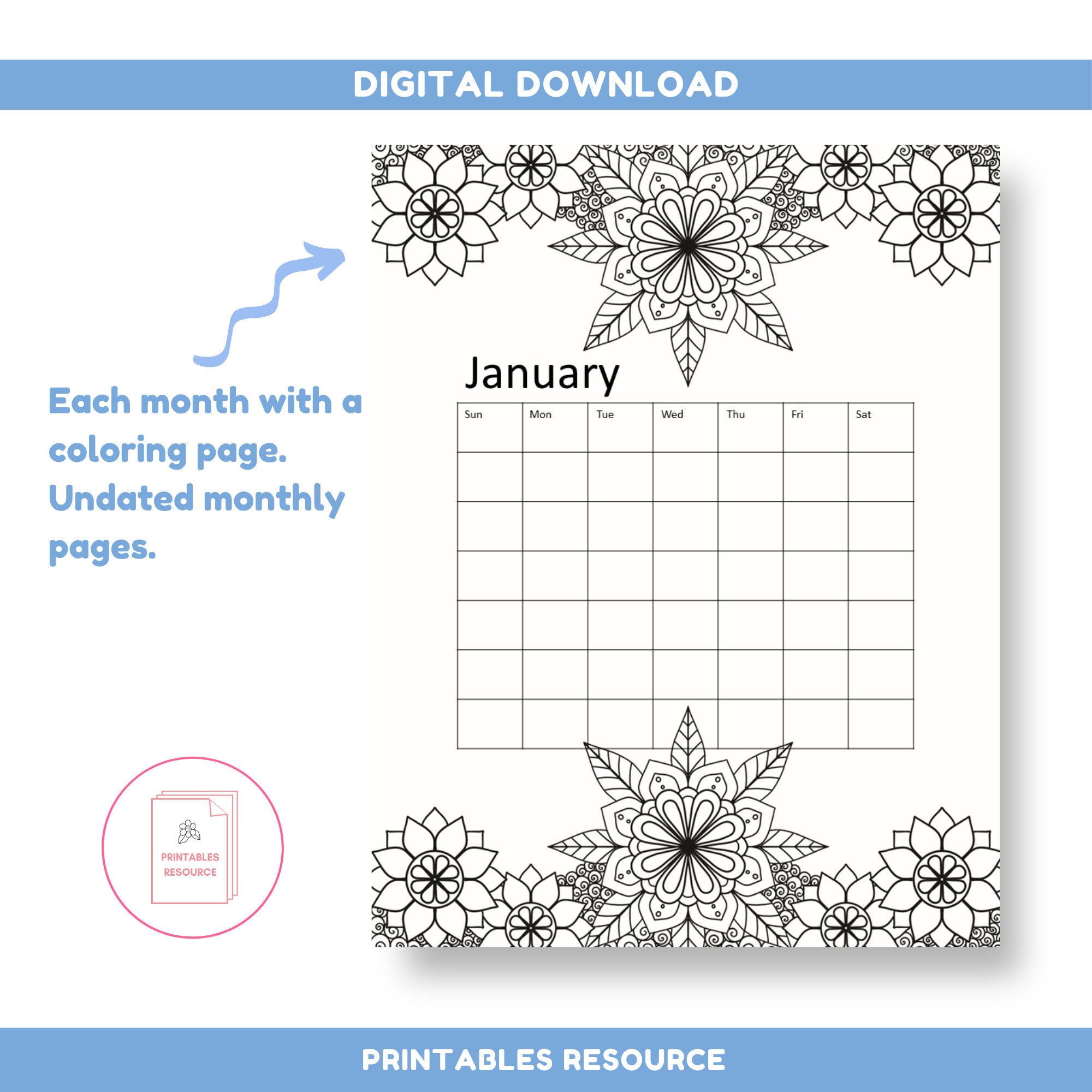Undated Monthly Calendar | Printable Monthly Calendar | Coloring ...