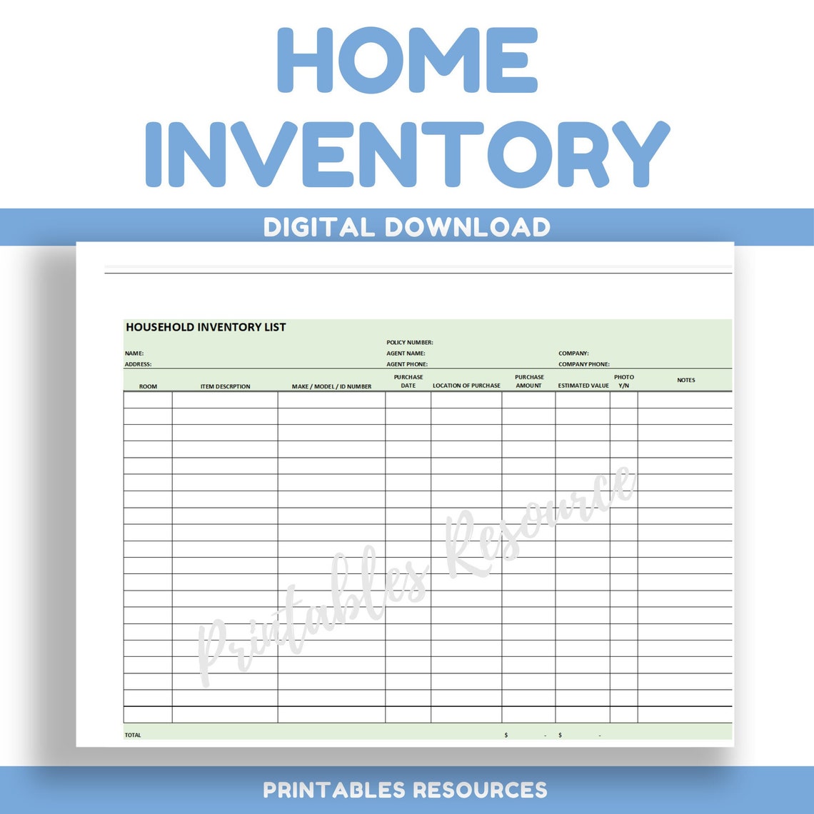 Editable Inventory List Printable House Inventory List Spreadsheet ...