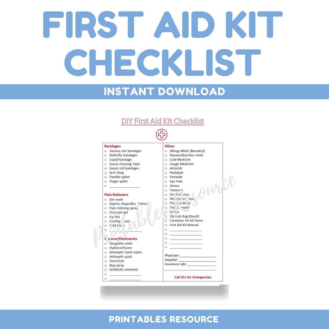 First Aid Kit Checklist Printable: Emergency Supplies List (digital ...