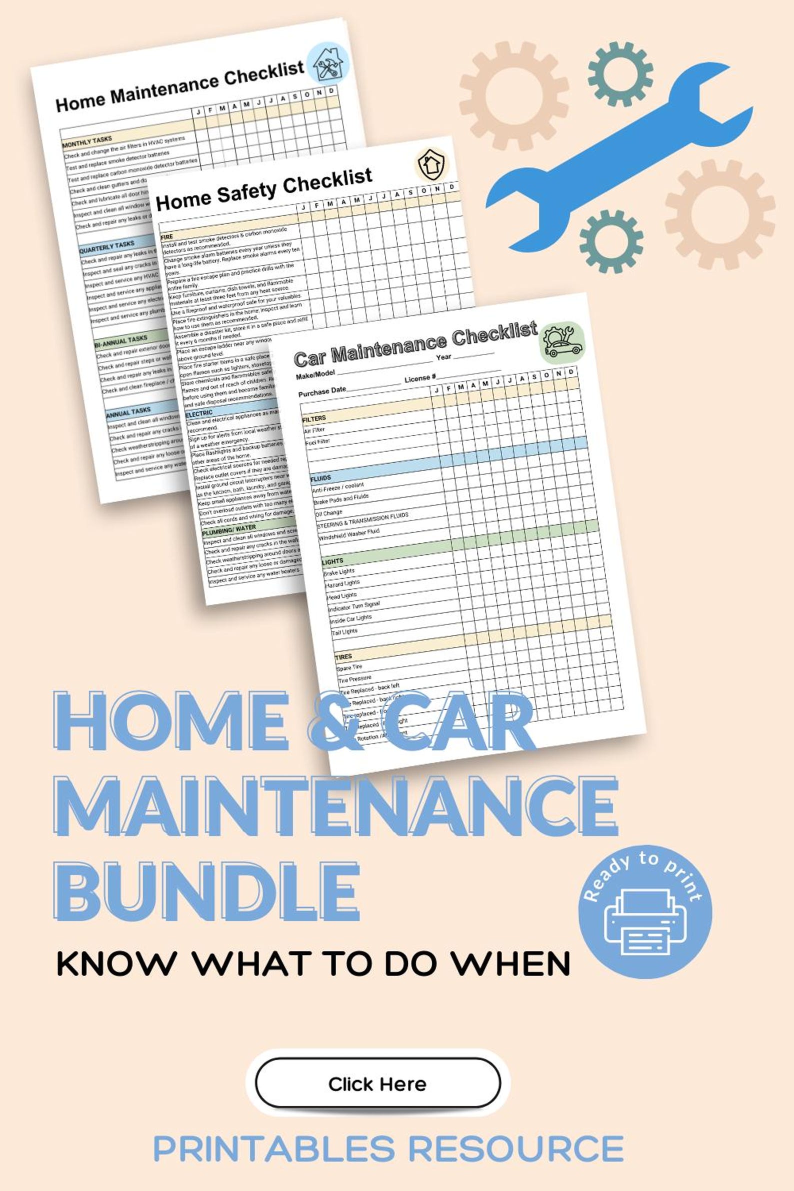 Printable Home Maintenance Binder and Safety Checklist and Car ...