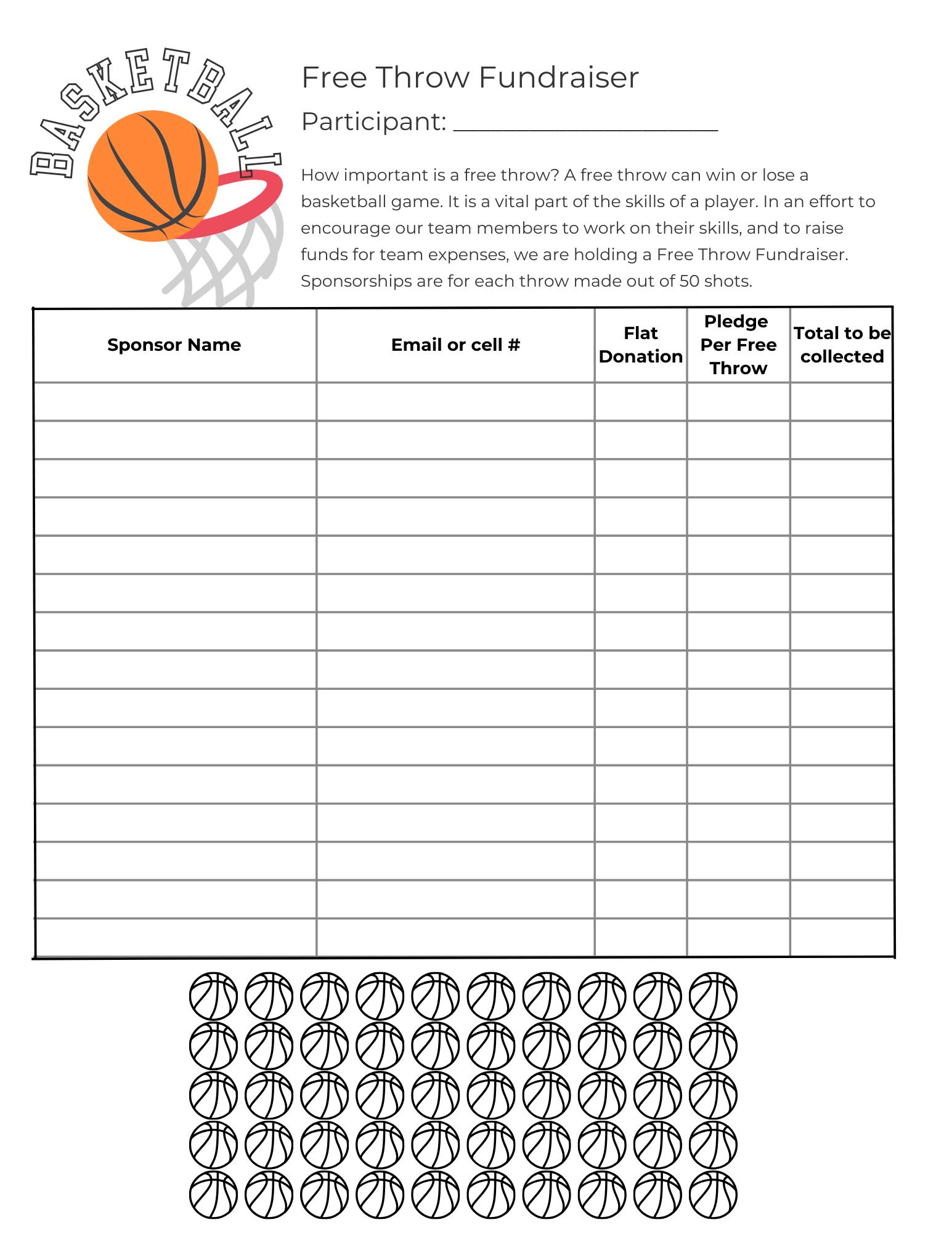 Basketball Team Fundraising Form Printable Free Throw Pledge Sheet ...