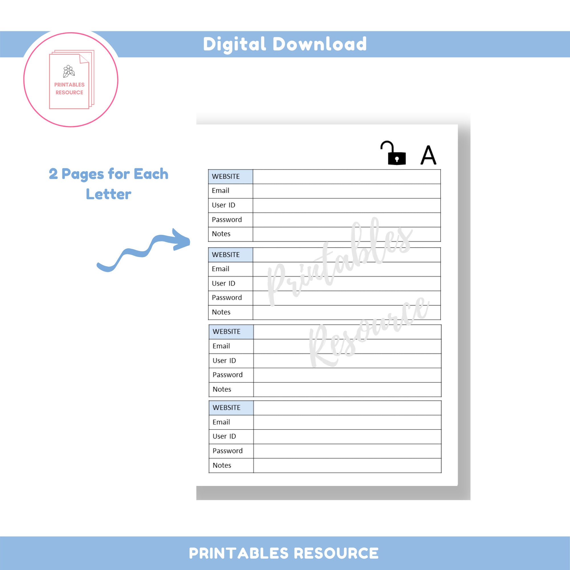 Large Print Password Book: Printable Password Tracker (digital Download ...