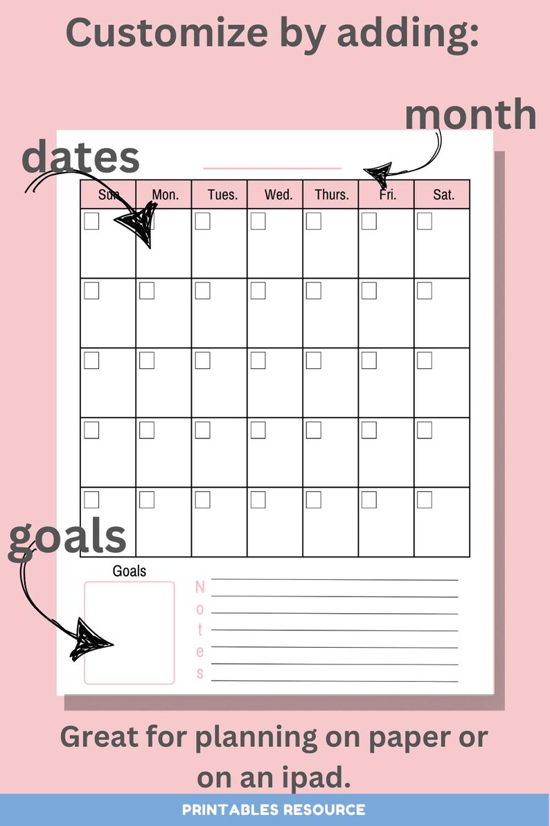 Undated Monthly Calendar Printable: Vertical Planner Template (PDF ...