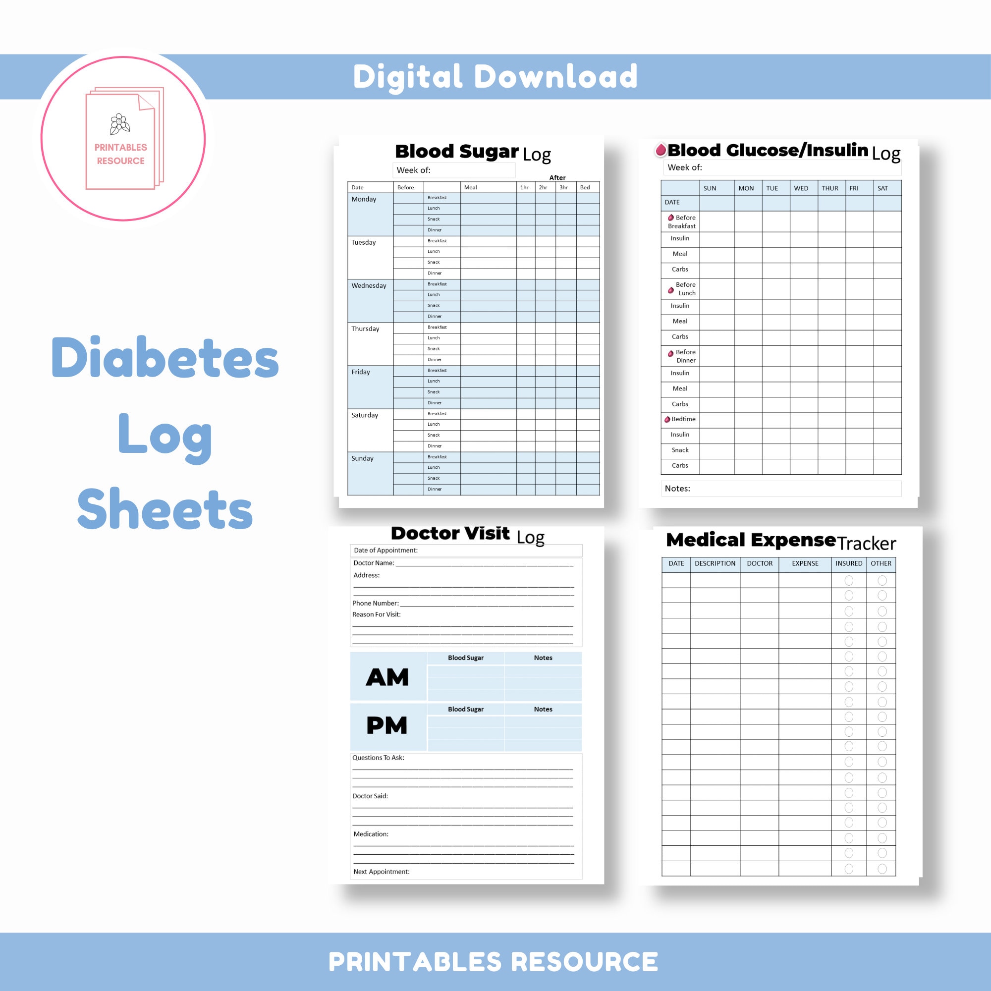 Printable Blood Sugar Tracker, Diabetic Daily Planner, Type 2 Diabetes ...