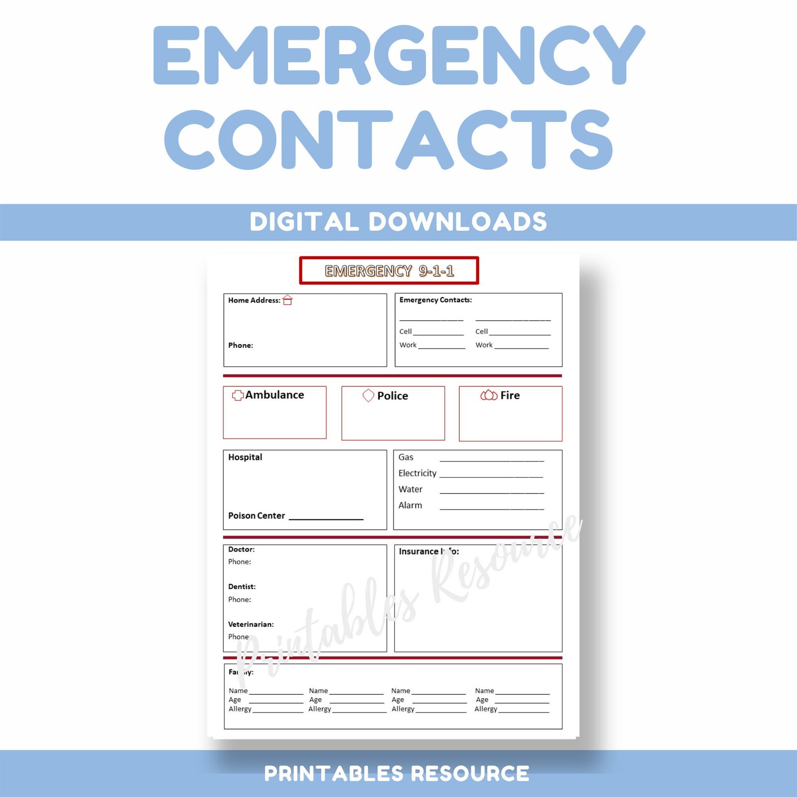 Emergency Contact Printable Contact List Information Sheet | Contact ...