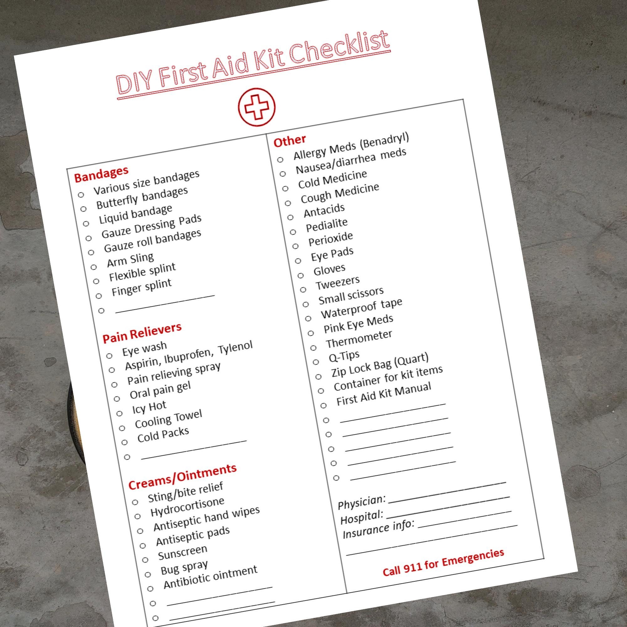 First Aid Kit Checklist DIY Emergency Kit Printable Home Emergency Binder Urgent Care First Aid Supplies List Etsy UK