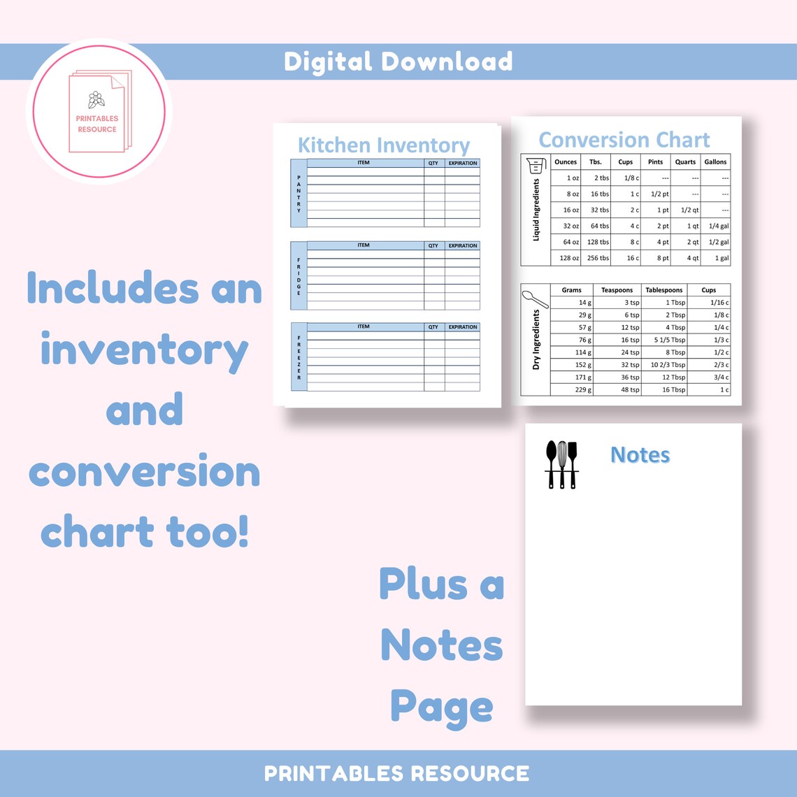 Kitchen Planner Printable Weekly Meal Planner Conversion Chart Recipe ...