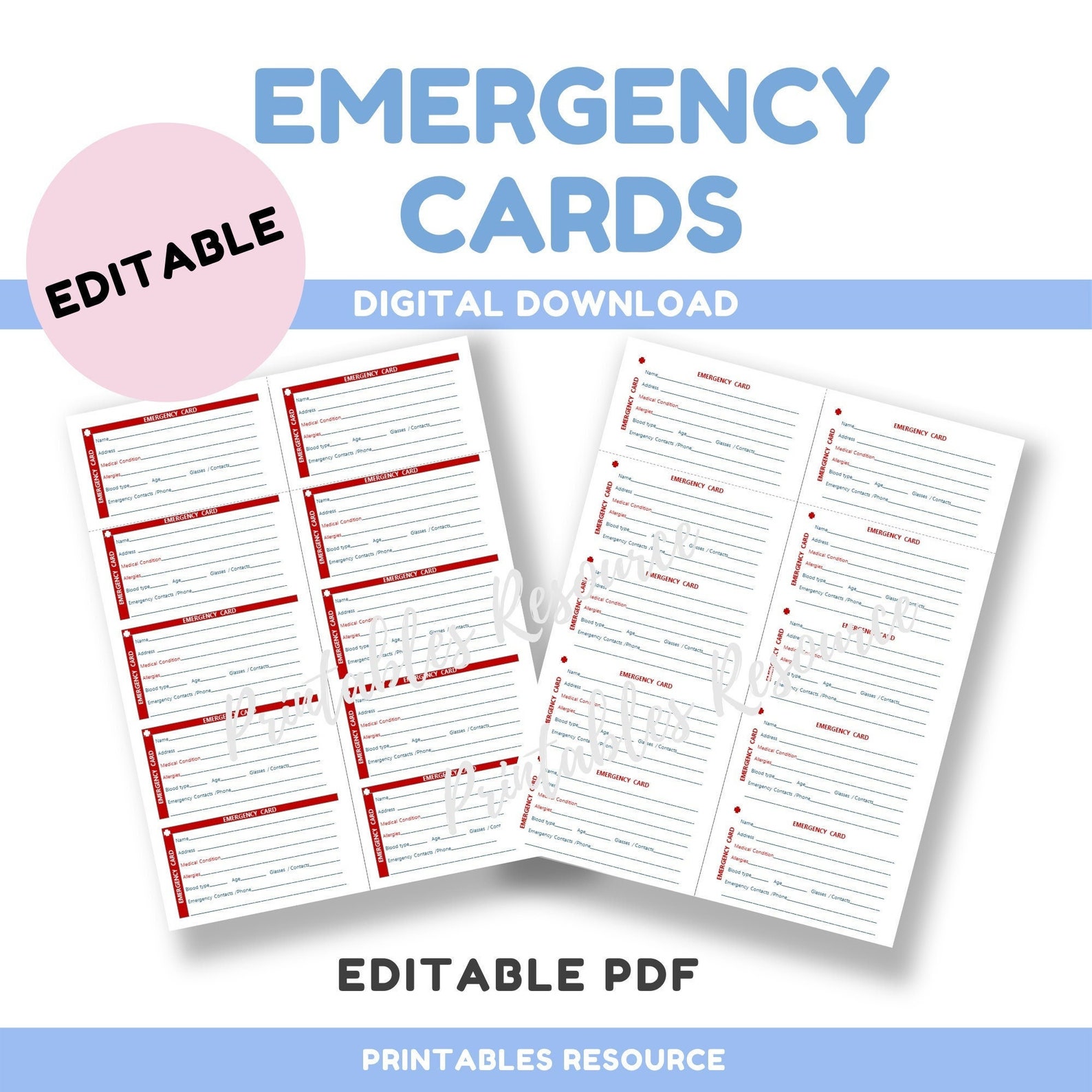 EDITABLE Emergency Wallet Card Editable PDF Emergency Contact ...