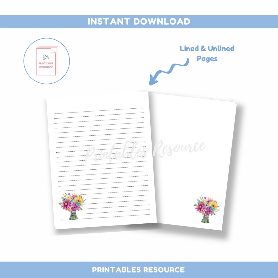 Floral Digital Writing Paper Printable Lined and Unlined Stationery ...