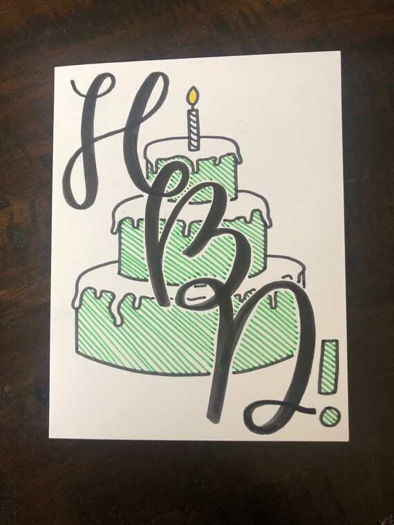 Handmade Calligraphy Card HBD W Cake | Etsy