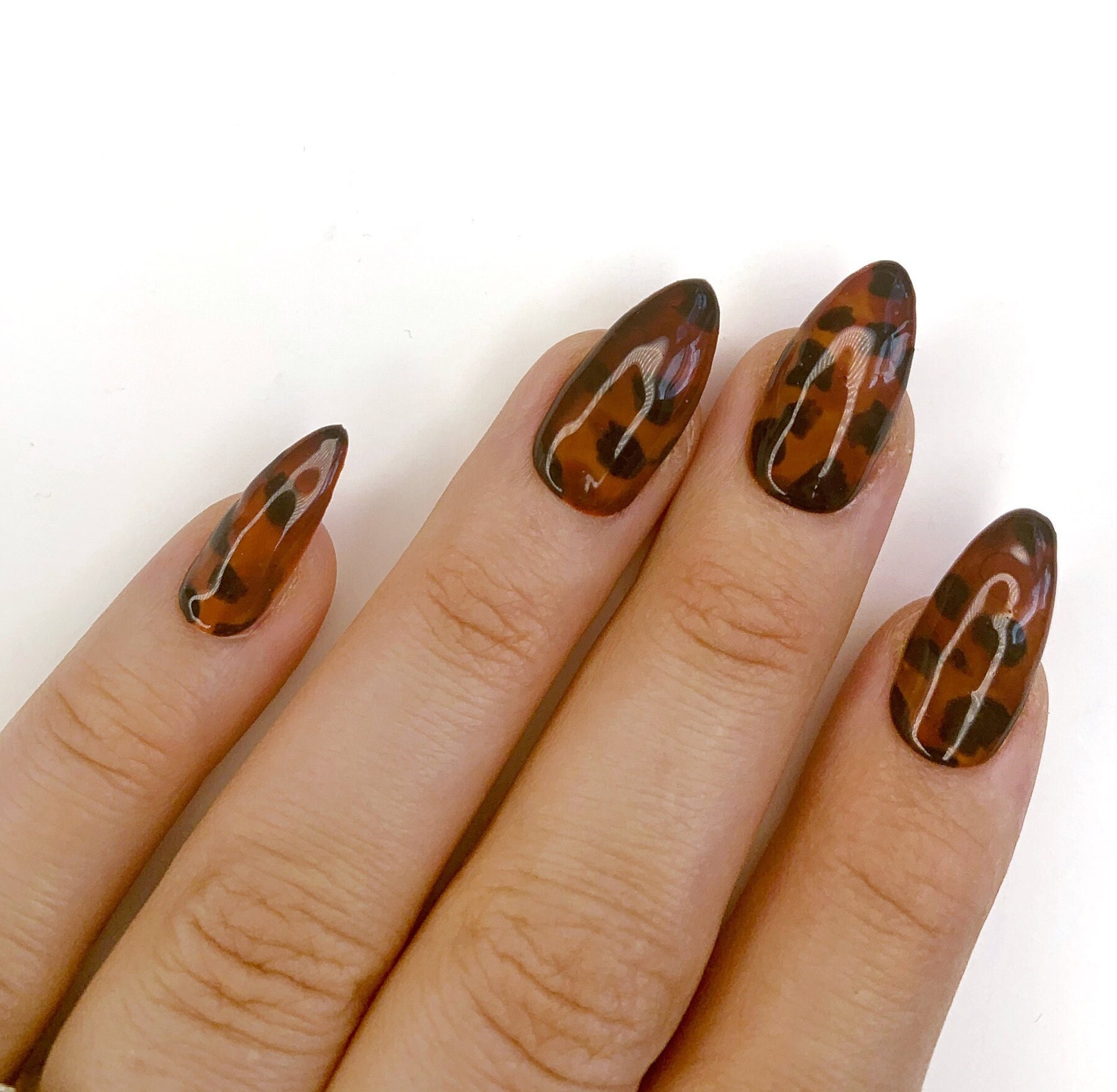 Tortoise Shell LIGHT Brown Black Medium Length Stiletto Glassy Finish ...
