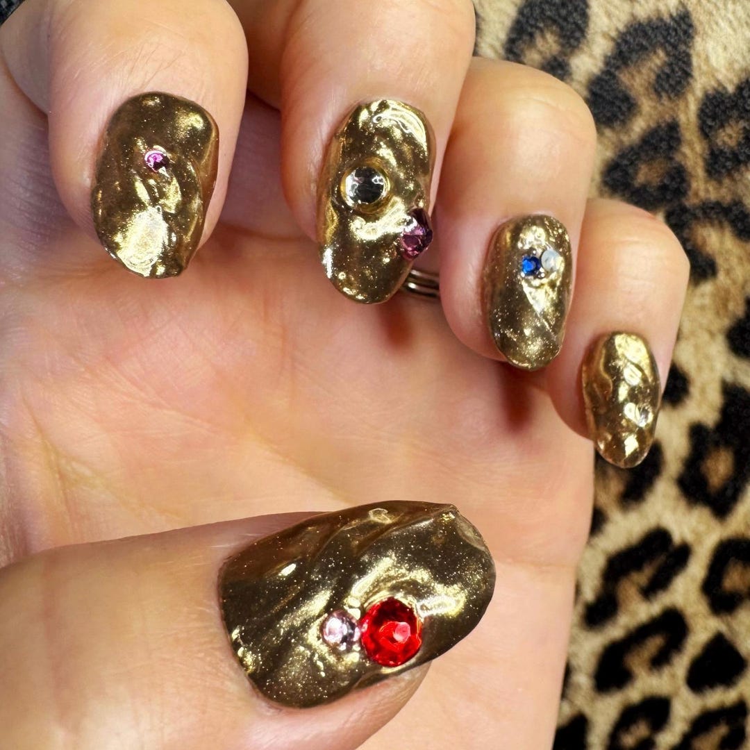 Molten Chunky Gold Jewel Medium Length Oval Press-on Nails Fake Nails ...