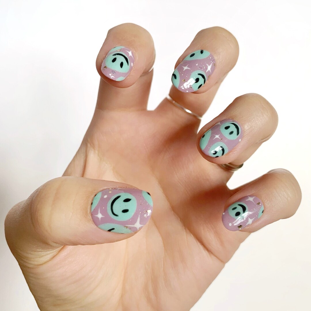 Smiley Face Press-on Nails, Purple, Green, Glitter Glue on Nails, Happy ...
