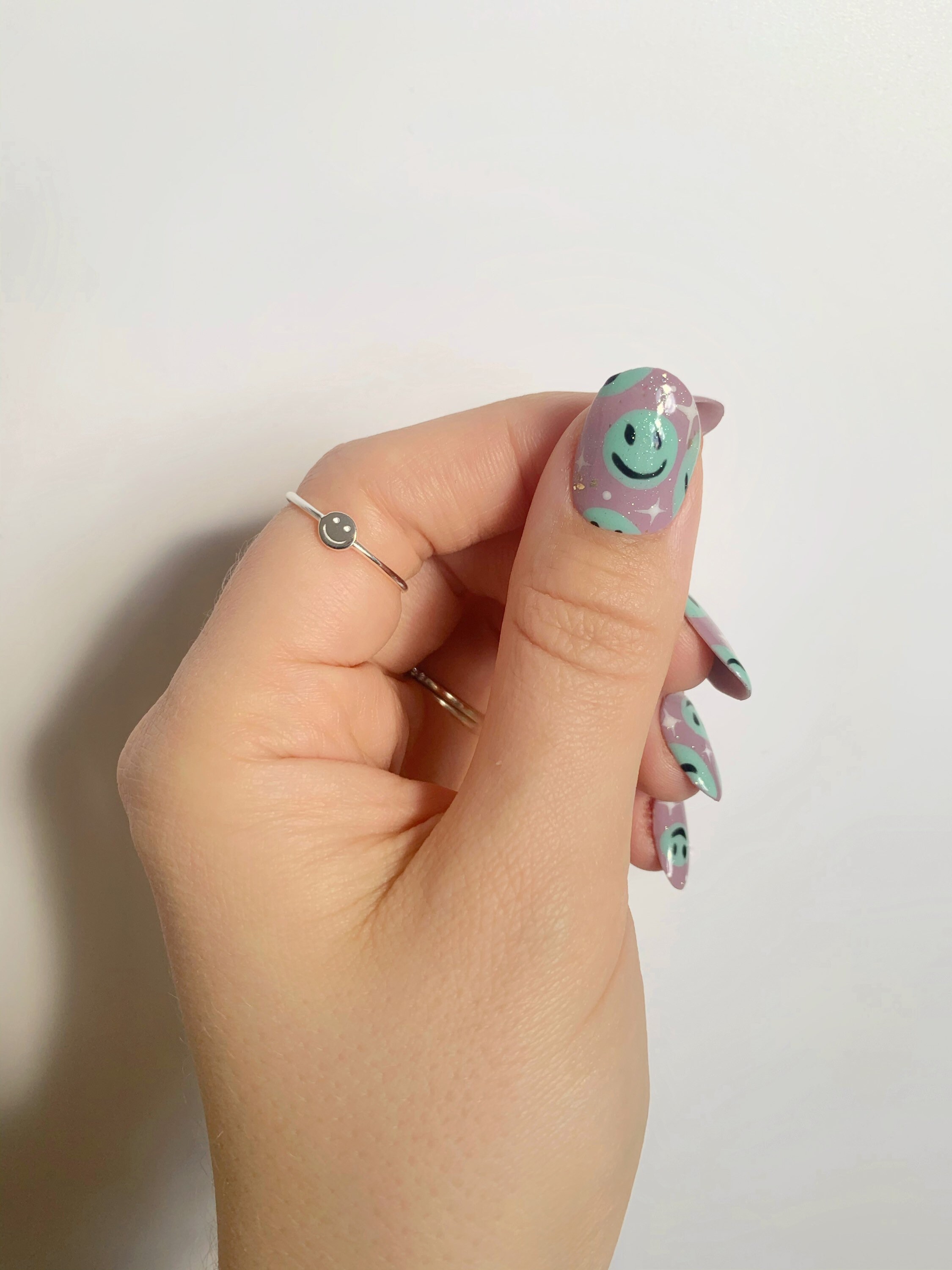Smiley Face Press-on Nails, Purple, Green, Glitter Glue on Nails, Happy ...