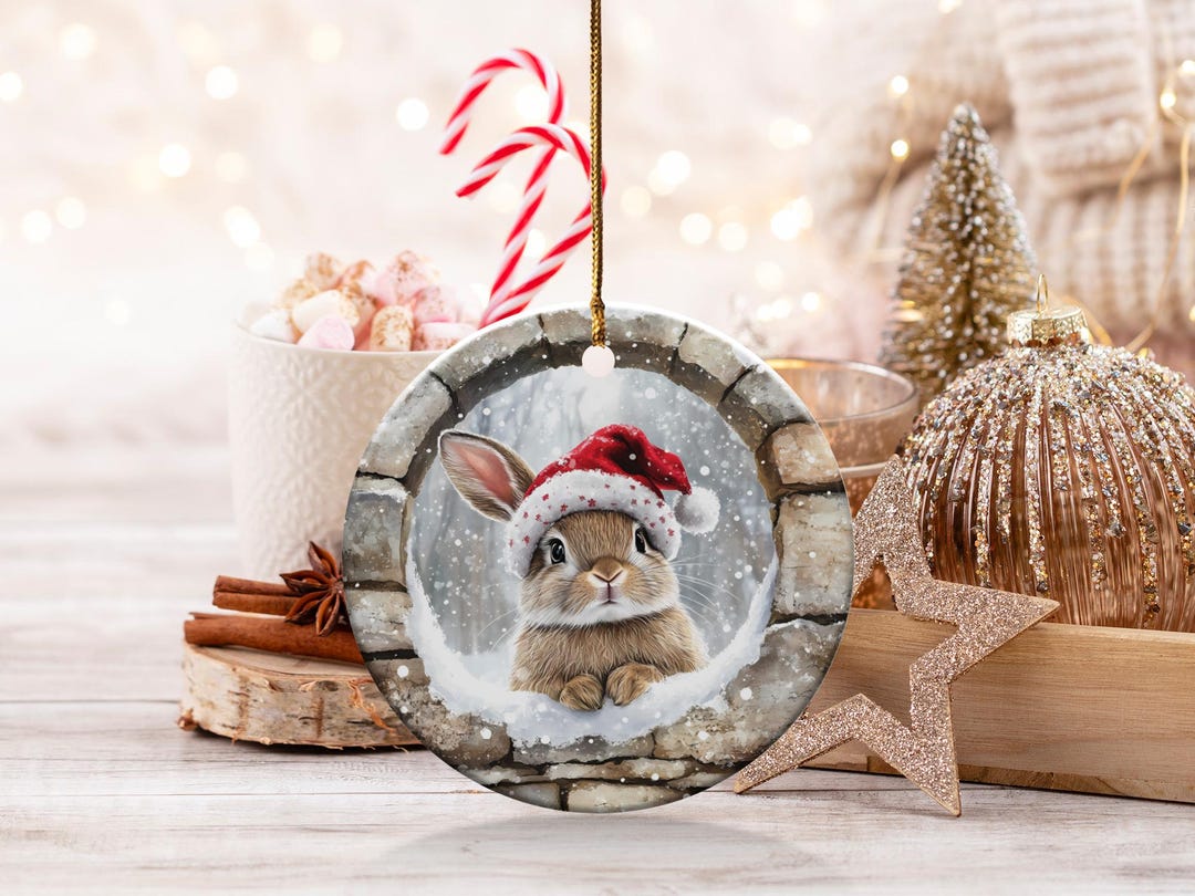 Christmas Bunny Ornament, Holiday Rabbit Decoration, Cute Animal Art ...