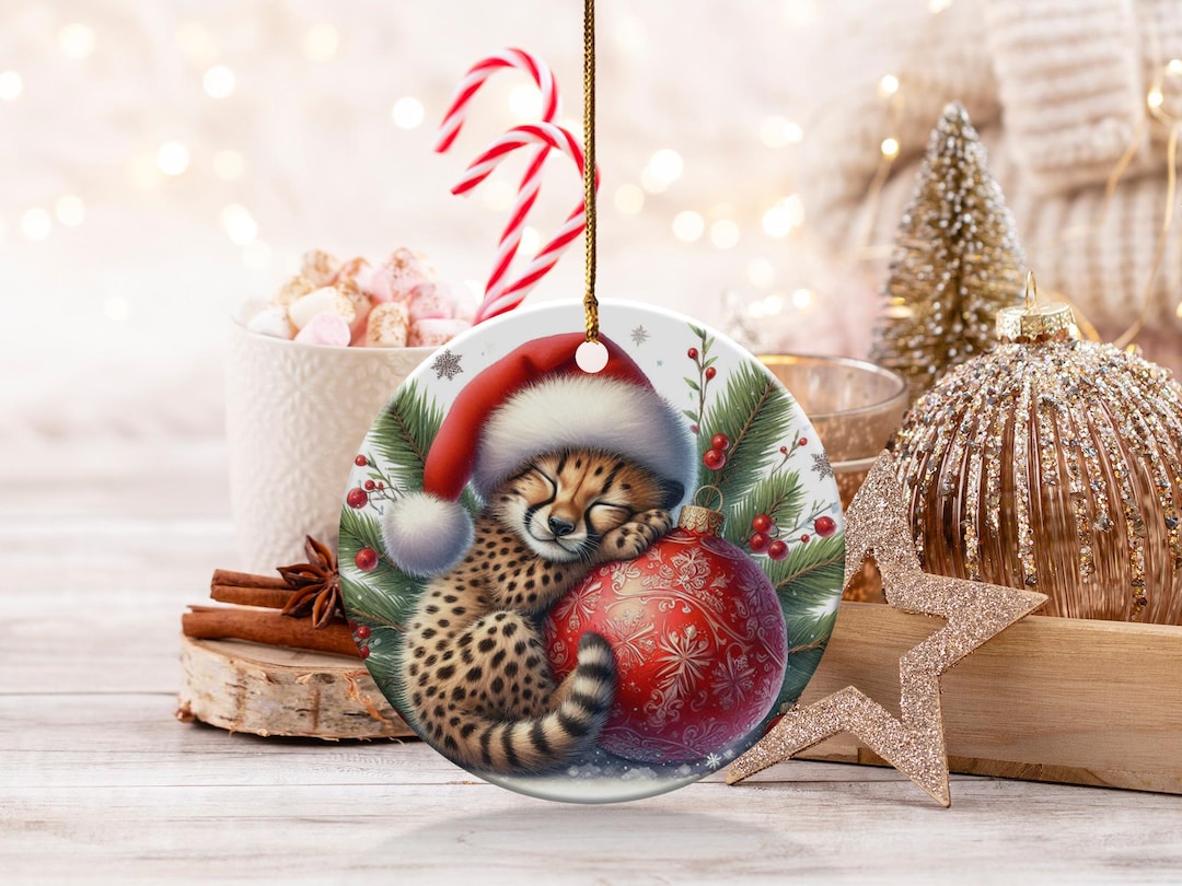 Christmas Cheetah Ornament, Cute Kitten Holiday Decor, Santa Hat ...