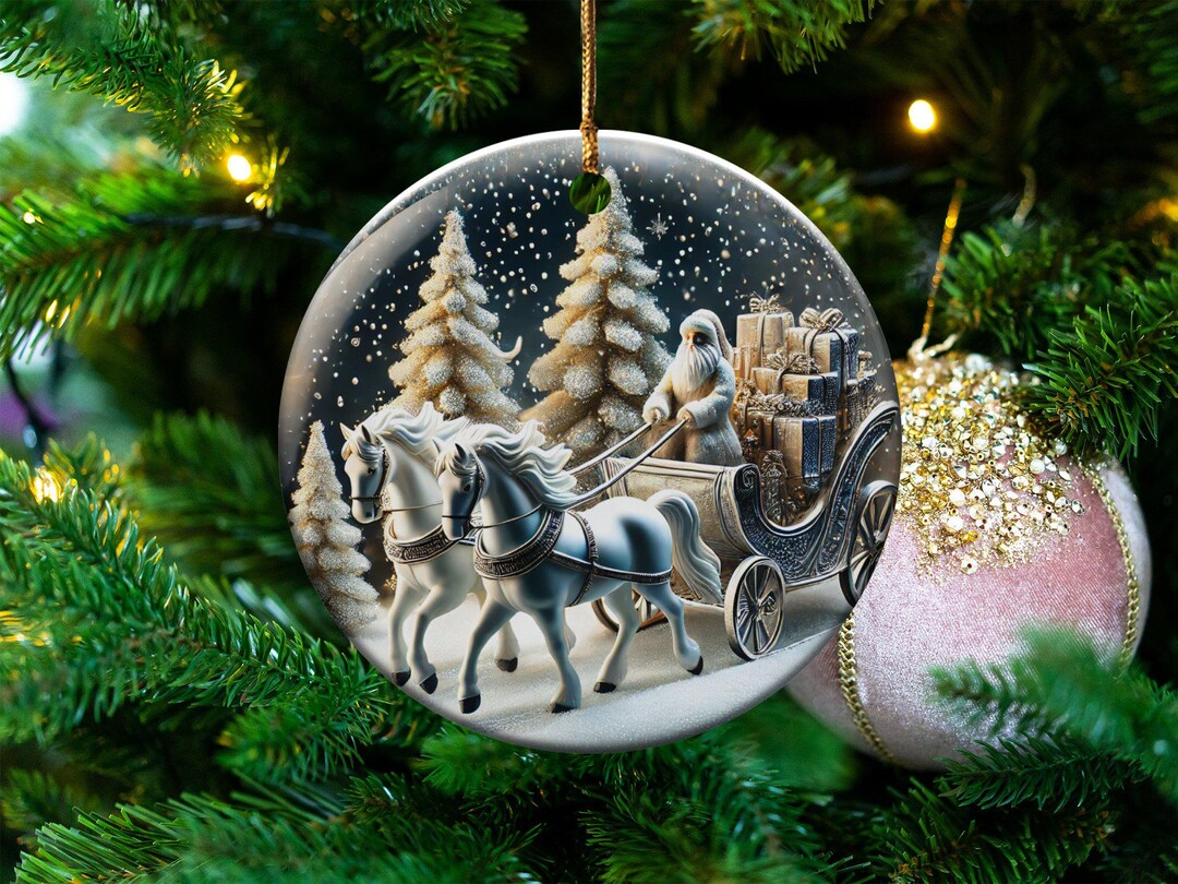 Christmas Ornament Vintage Santa Sleigh Ride Snow Scene, Santa Claus in ...