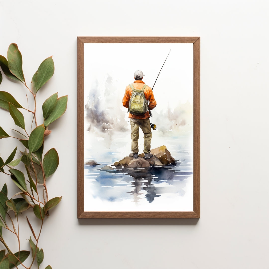Wall Picture Angler at the Lake, Fisherman, Watercolor Picture Fishing ...