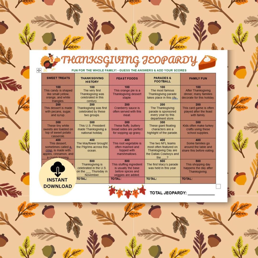 Thanksgiving Jeopardy, Fun Family & Friends Activity, Party Trivia ...
