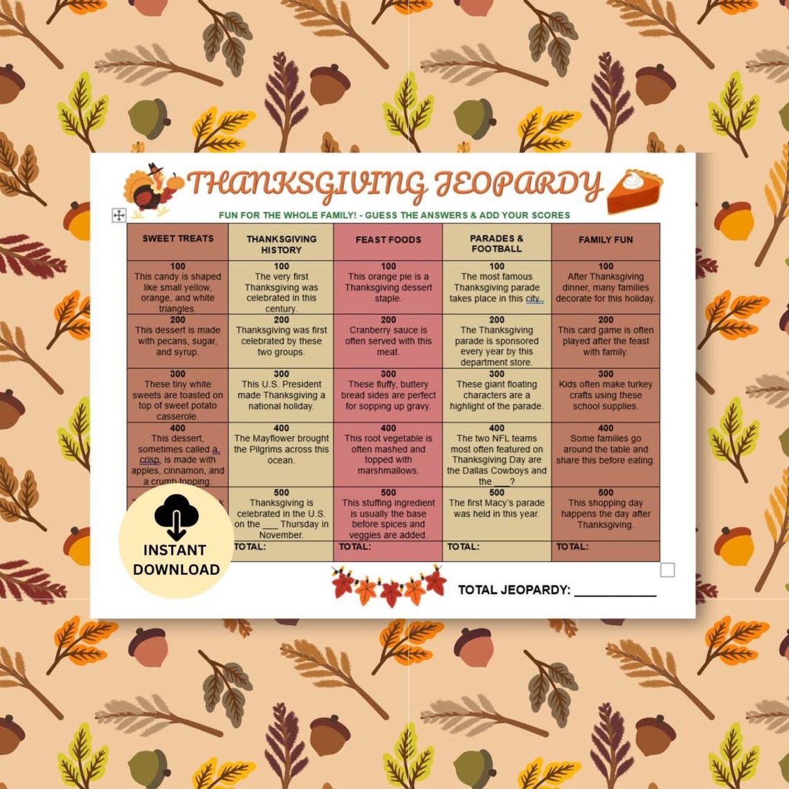 Thanksgiving Jeopardy, Fun Family & Friends Activity, Party Trivia ...