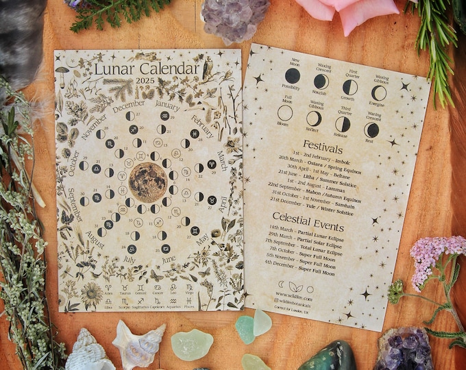 Small Lunar Calendar Card 2025 A6, Full Moon Dates, Astrology. Wheel of ...