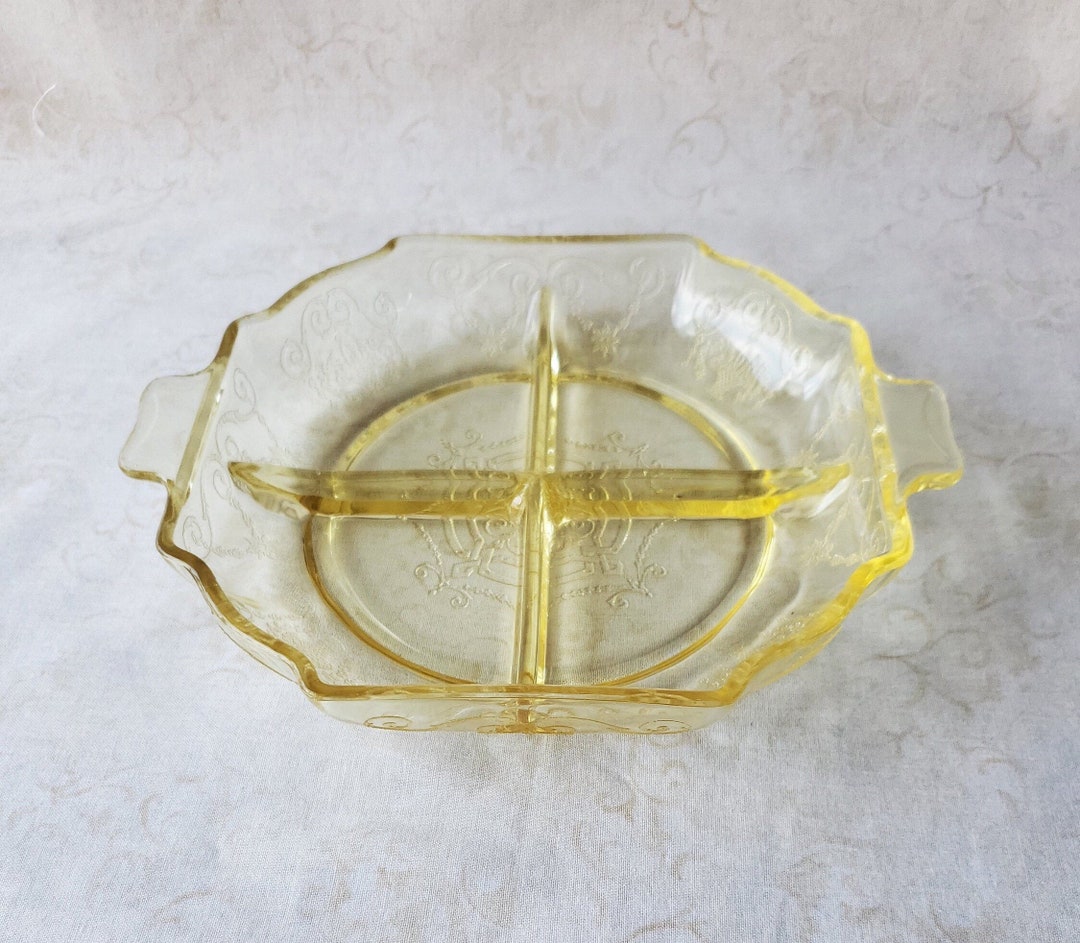 Vintage Yellow Etched Depression Glass Divided Serving Dish, Dinnerware ...