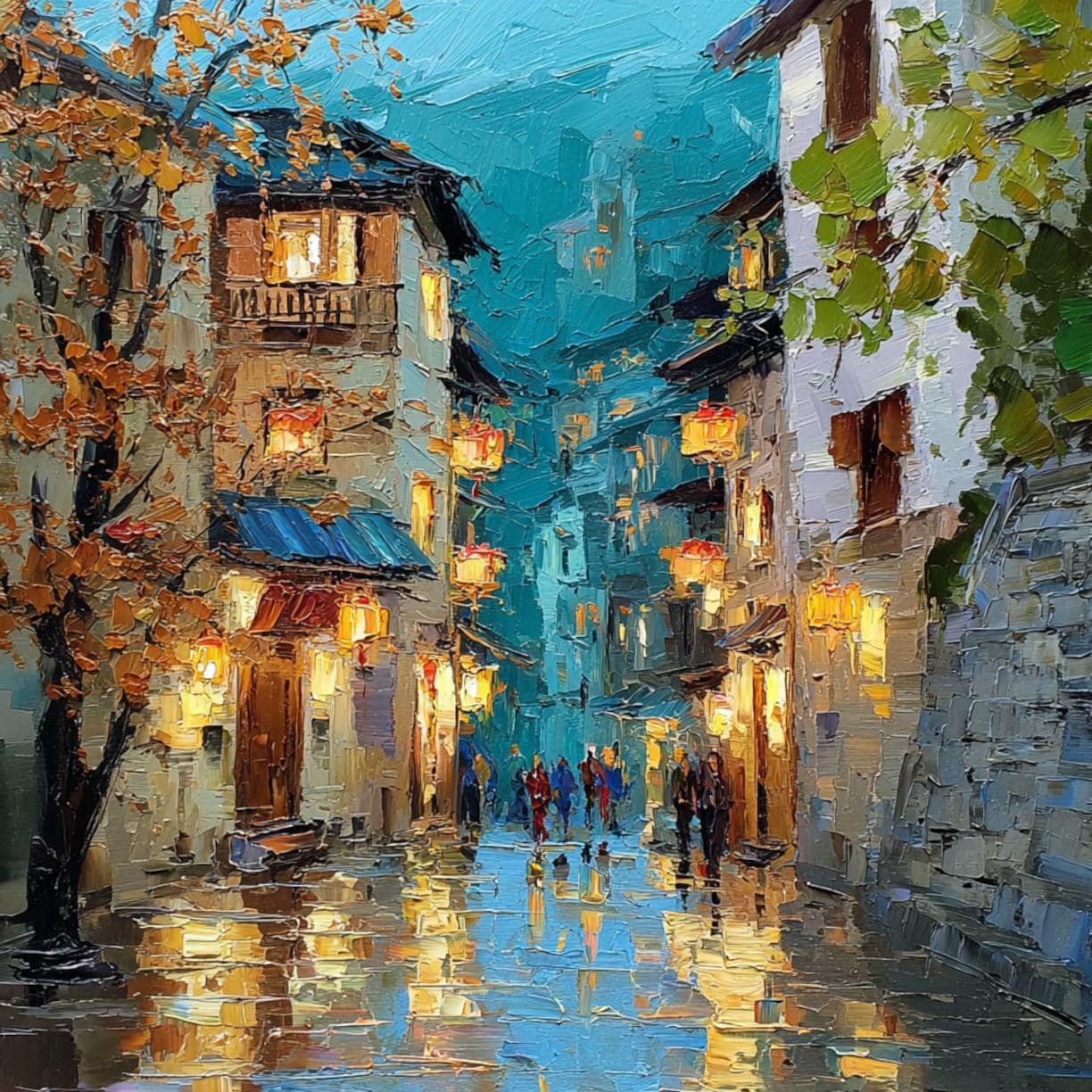 China Lantern Street Painting – Chinese Old Town Wall Art, Asian ...