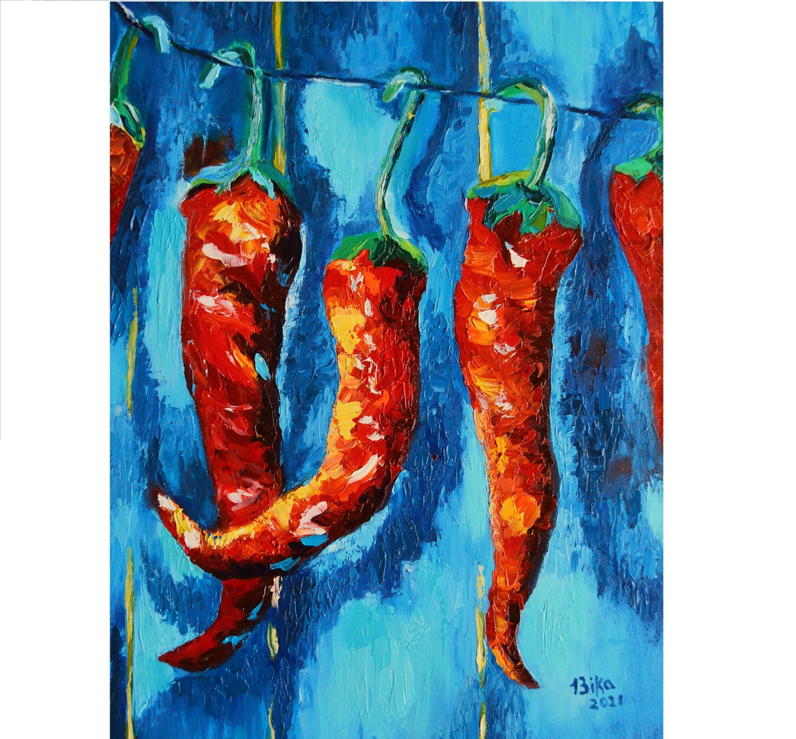 Red Peppers Oil Painting Original Impressionist Colorful Red Hot Chili ...