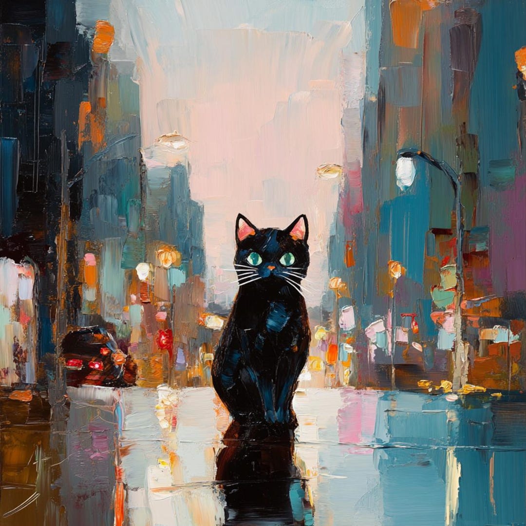 Black Cat Oil Painting, Night City, Original Impressionist Cityscape ...