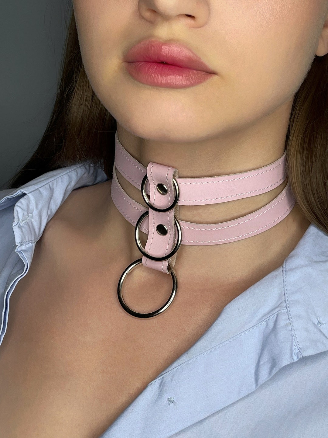 Baby Pink Leather Choker With Triple O-ring, Leather Choker, Collar ...