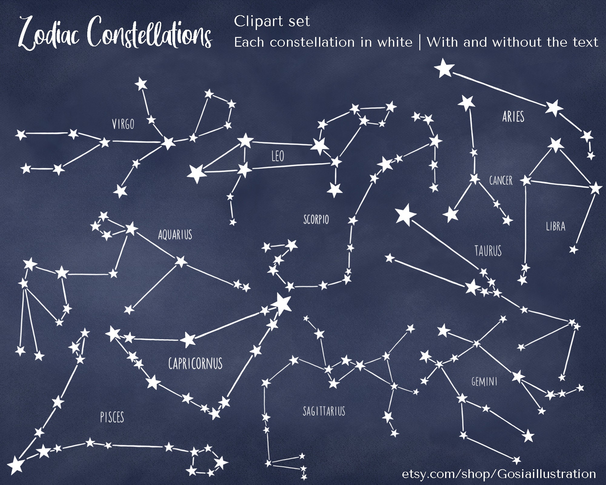 Zodiac Constellations clipart set, Star Signs hand drawn cliparts ...