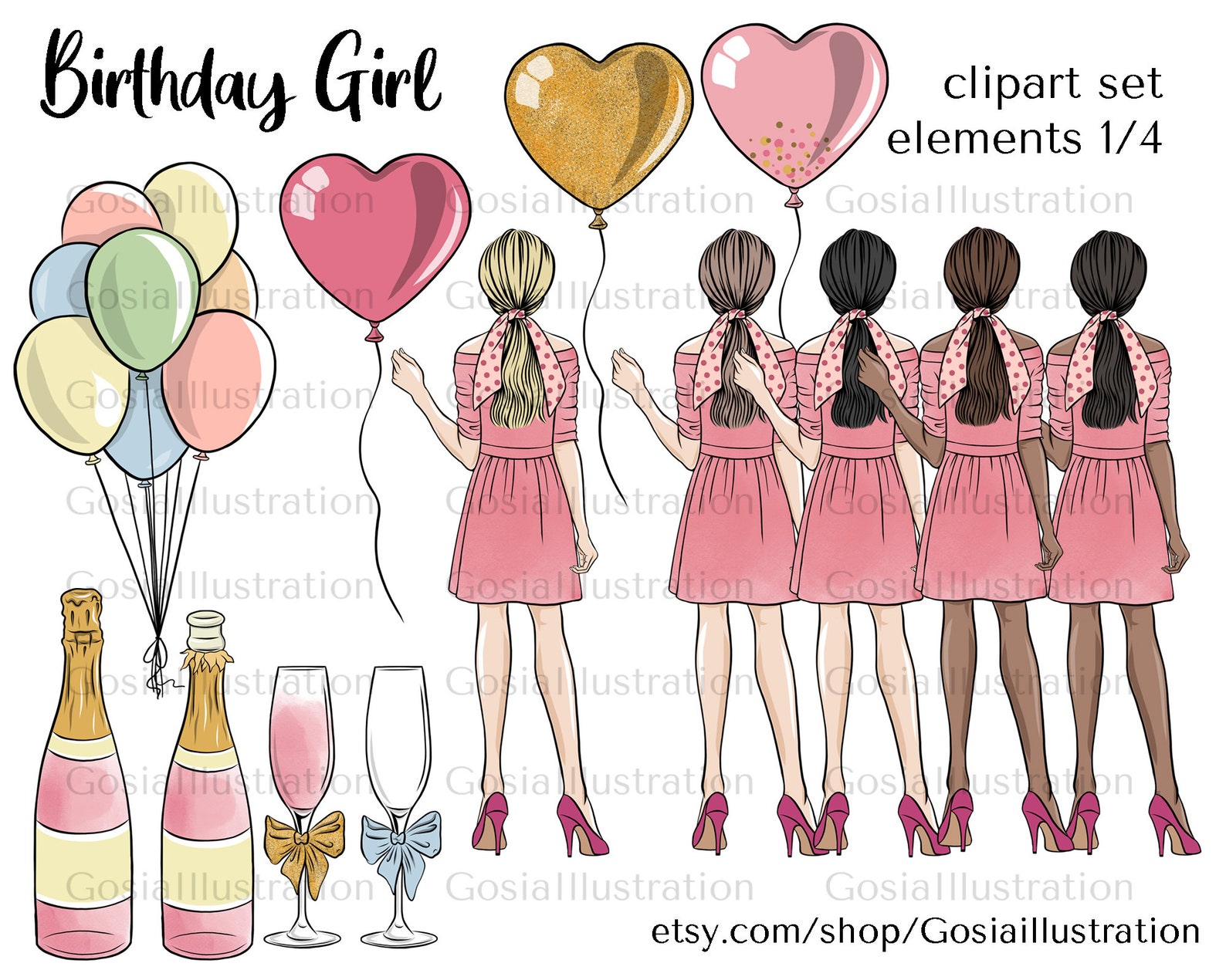 Birthday Girl - Clipart Set, Glam Birthday Party, Pastel, Romantic Girl ...