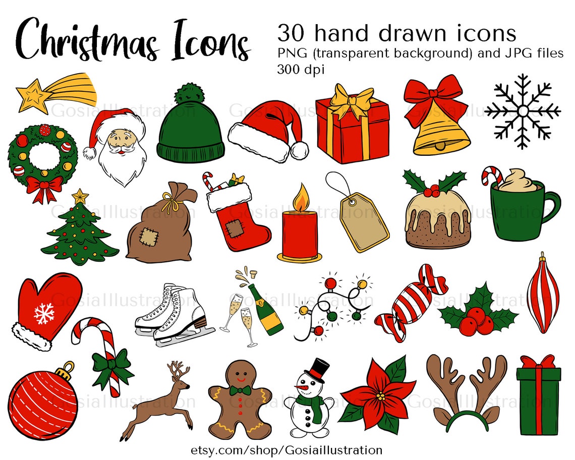 Christmas Icons, Clipart Set, Hand Drawn Icons, Holiday Doodle Icons ...